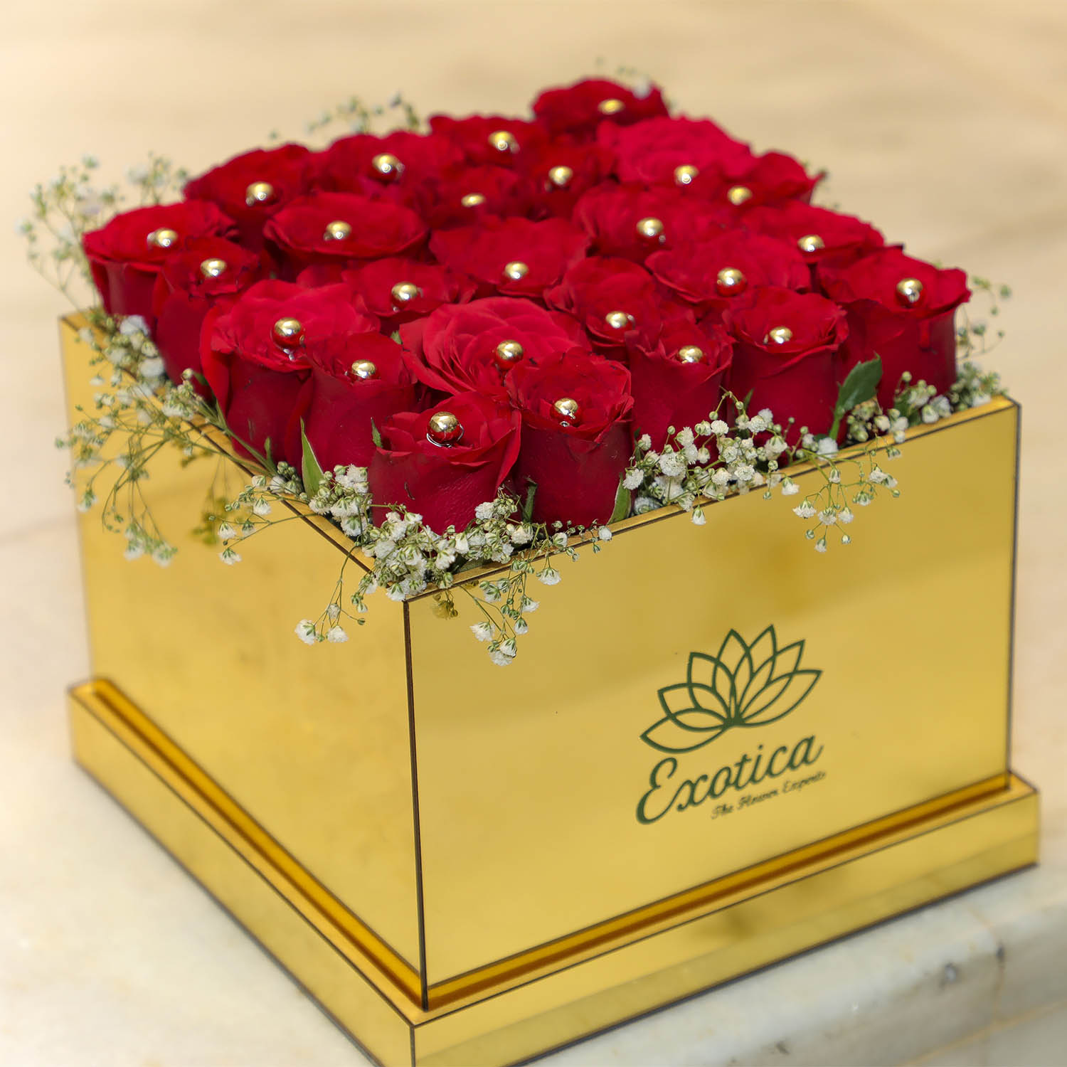 Golden Mirror Box of Red Roses - Exoticagifting